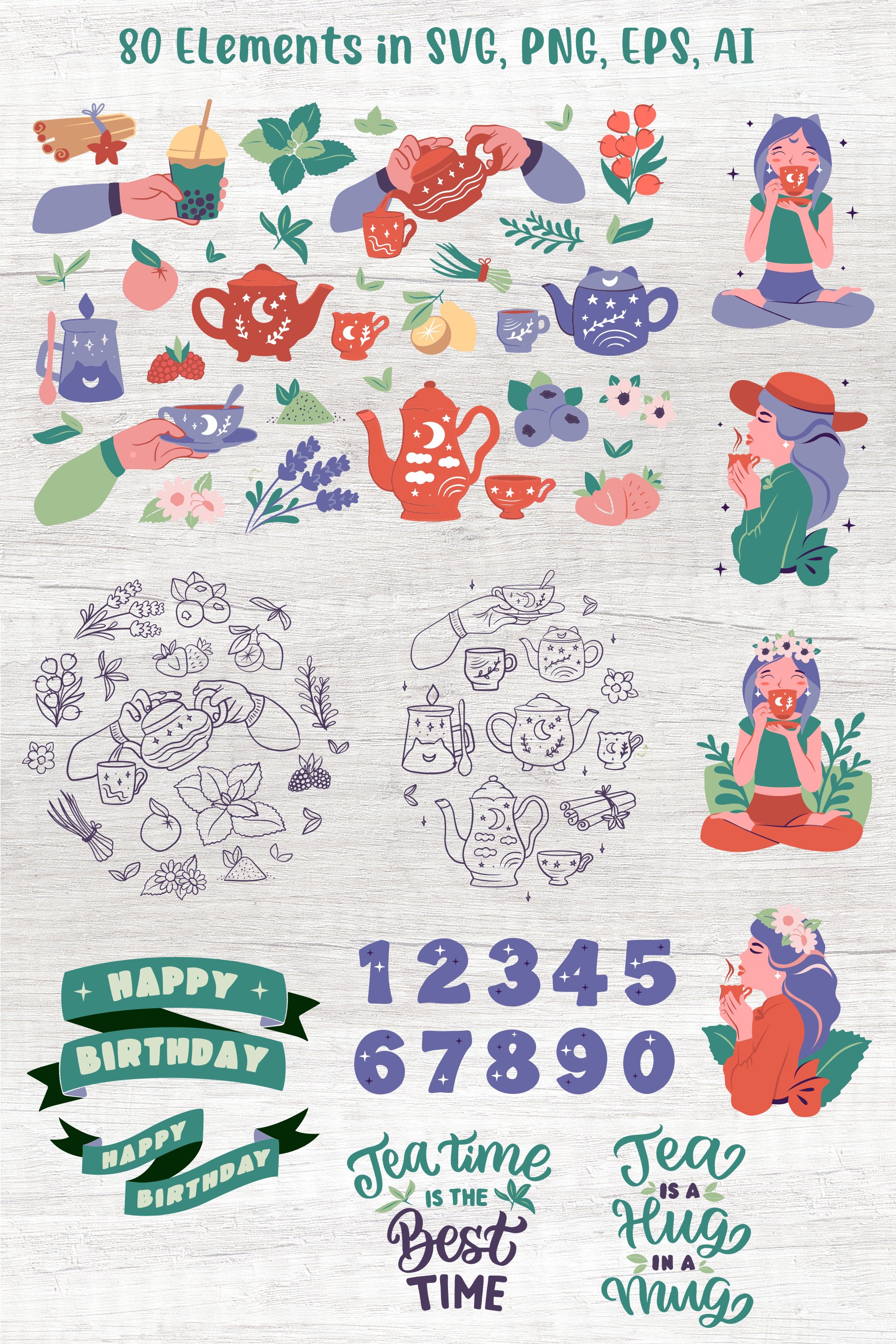 Tea time bundle. Cliparts, stickers, girls drink & love tea