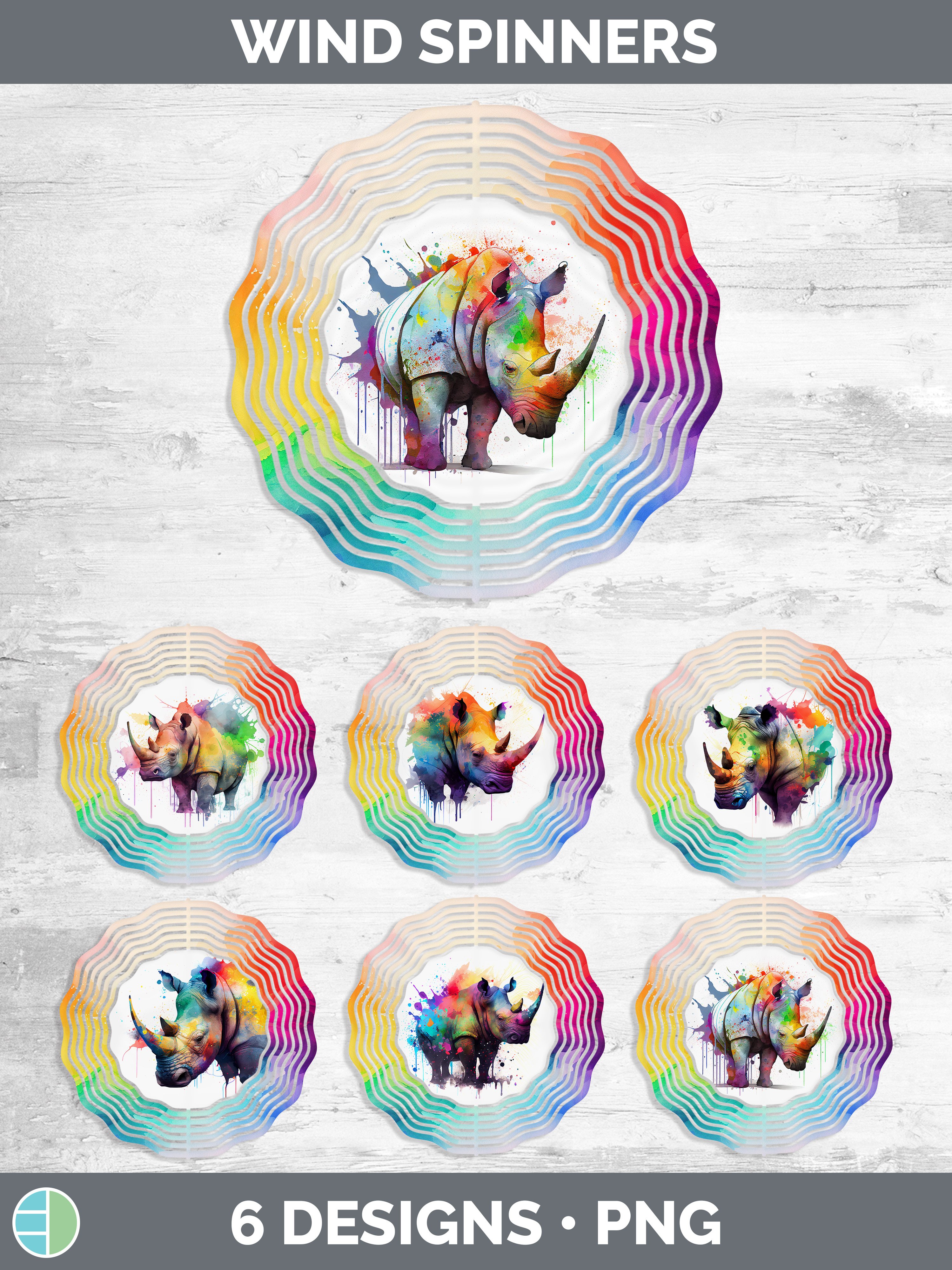Rainbow Rhino Wind Spinner | Sublimation Spinner Designs Bun