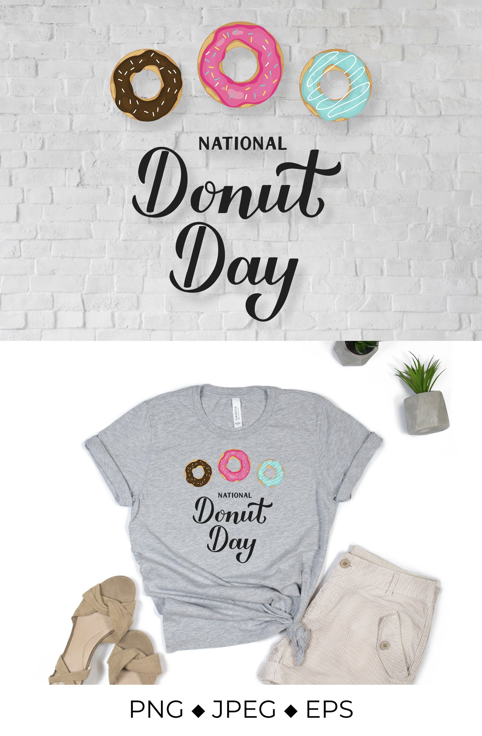 National Donut Day calligraphy lettering and cute doughnuts