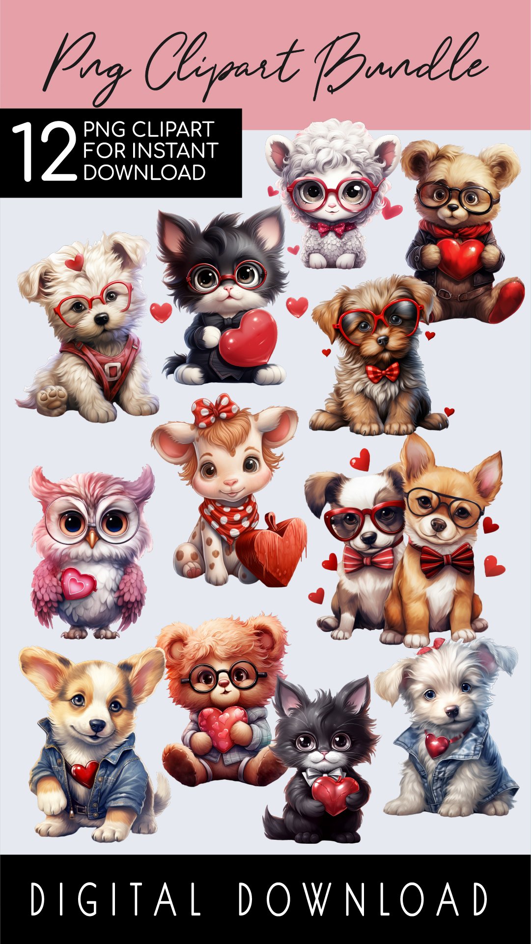 Valentine Animals Clipart, Cute Watercolor Sublimation PNG