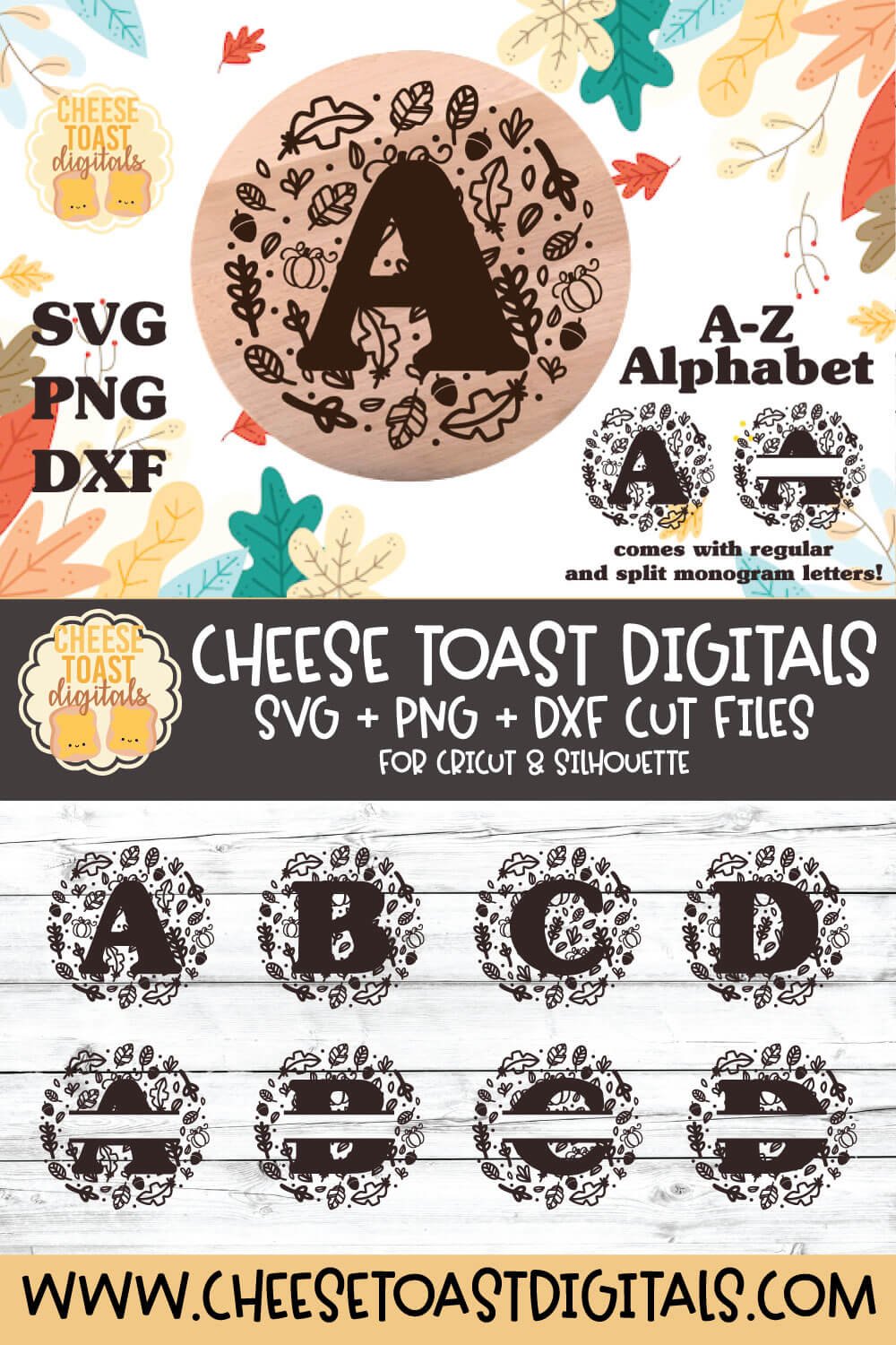 Fall SVG Monogram Alphabet Set A-Z | Wood Rounds | Ornaments