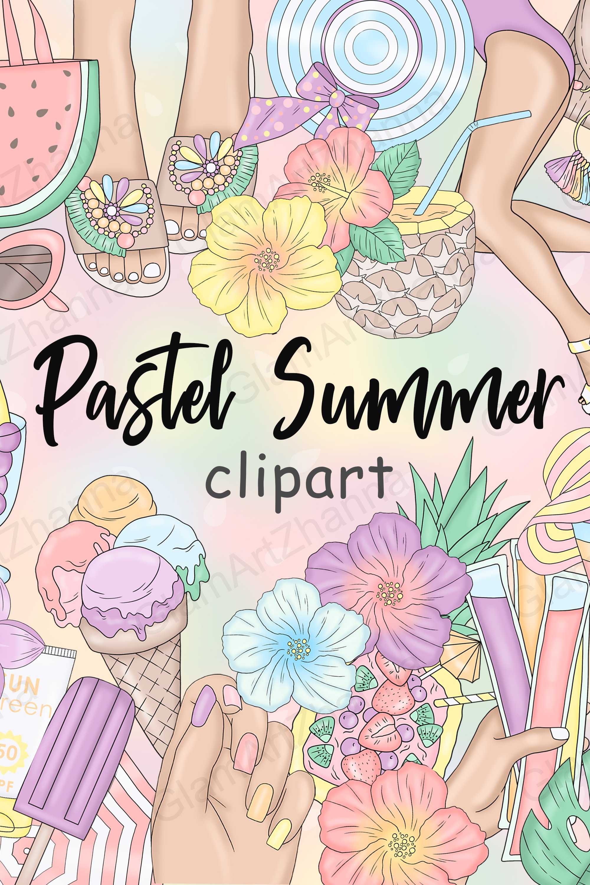 Pastel Summer CLIPART Beach Tropical Travel Girl - PNG files