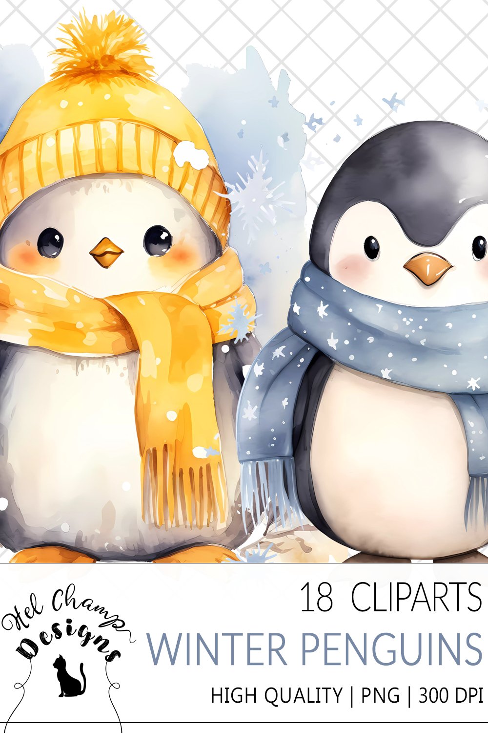 Bundle watercolor winter penguin scarfs transparent clipart