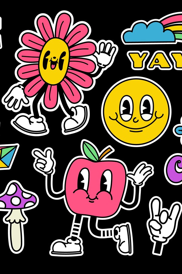 Retro cartoon stickers with funny comic characters and glove