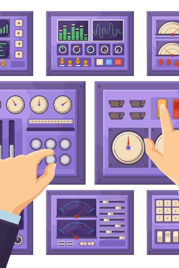 Retro control dashboard panel with operator hands, console c