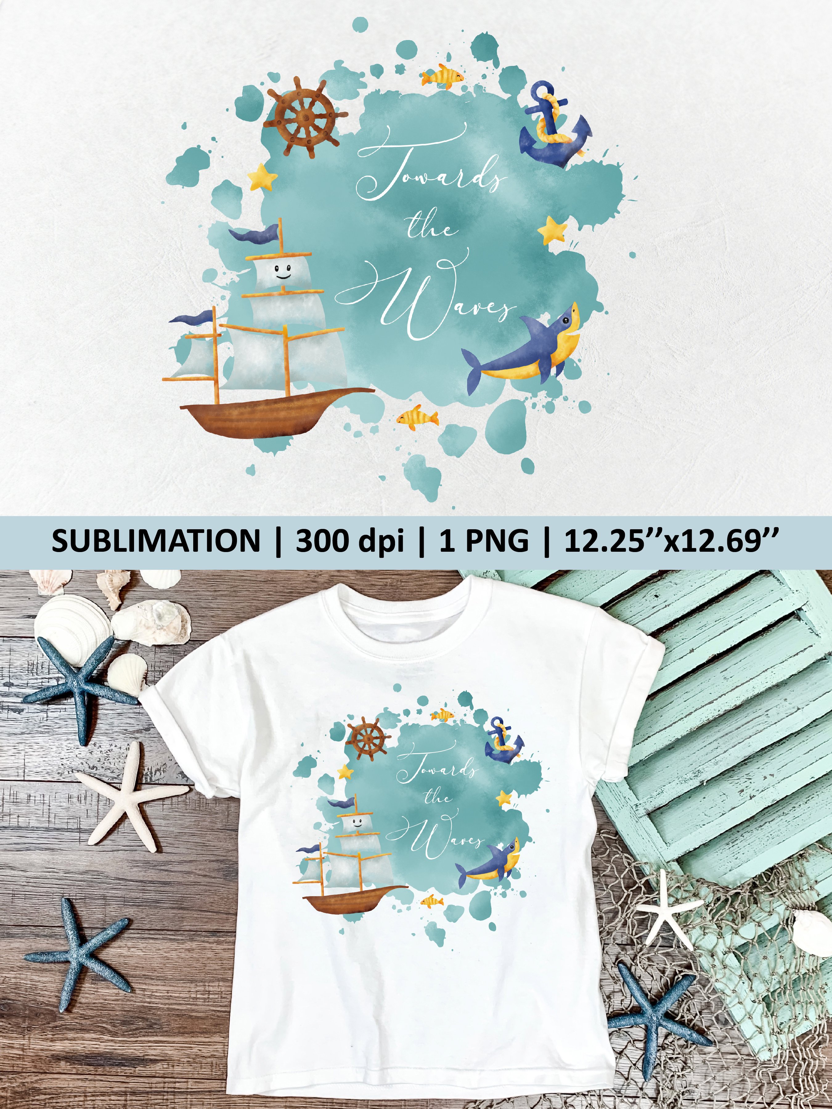 Smiling sailing ship & shark sublimation design - 1 PNG