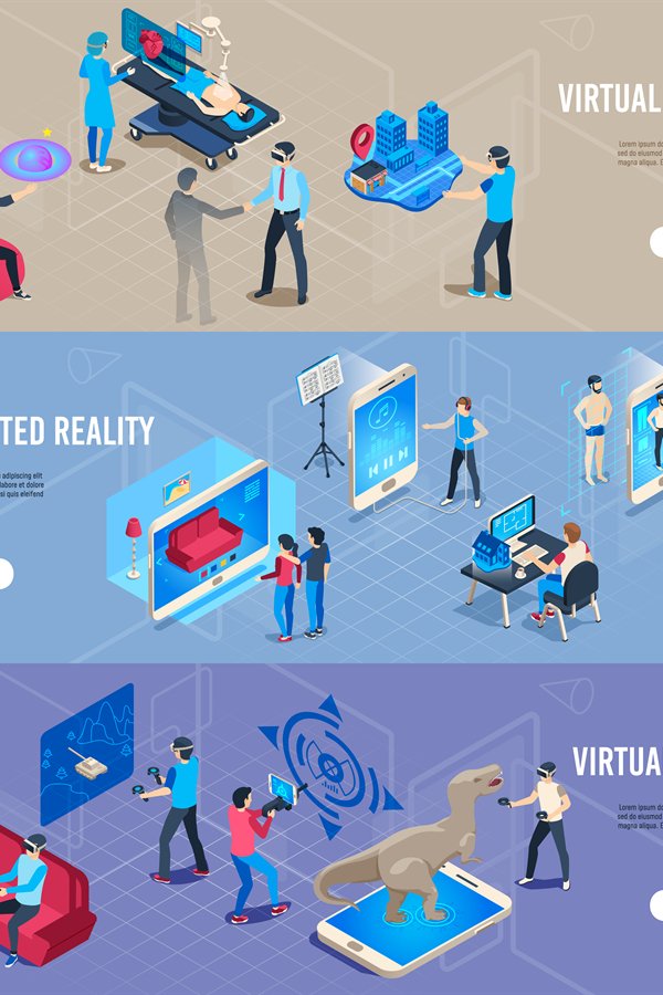 Isometric people in vr. Portable virtual reality simulation