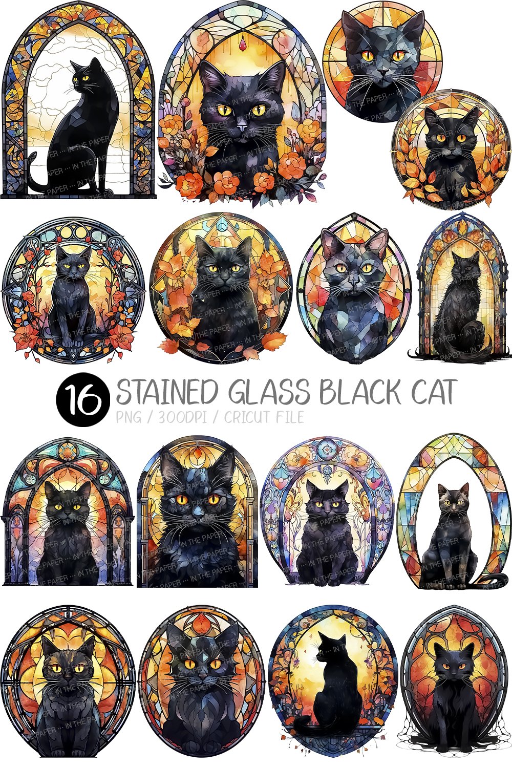 Stained glass black cat PNG