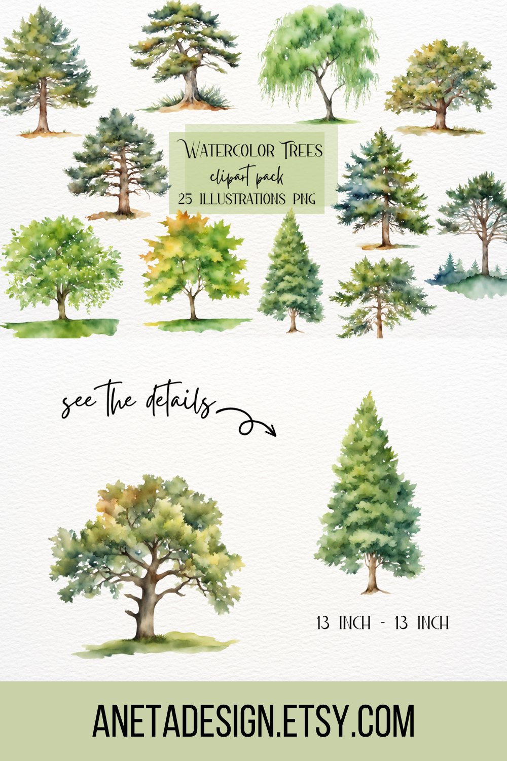 Watercolor Forest Trees Clipart, Pine Trees, Woodland Tree