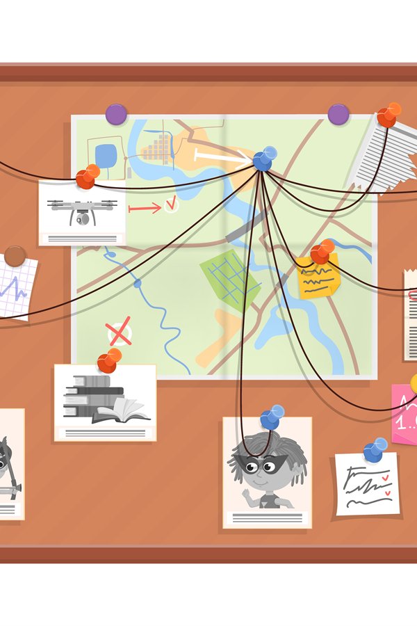 Detective board. Investigating, evidence and clues. Crime de