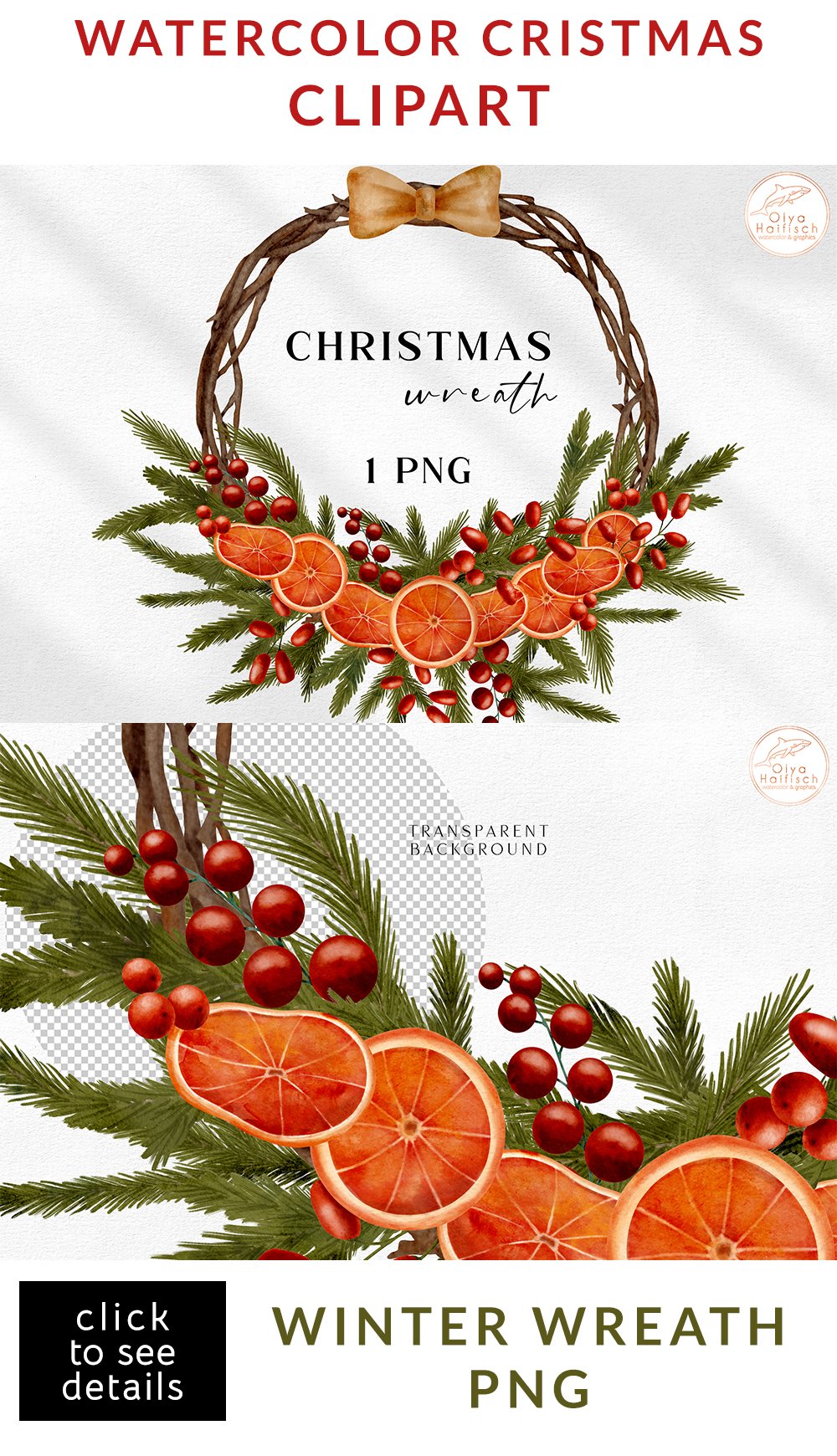 Christmas Wreath Watercolor Clipart