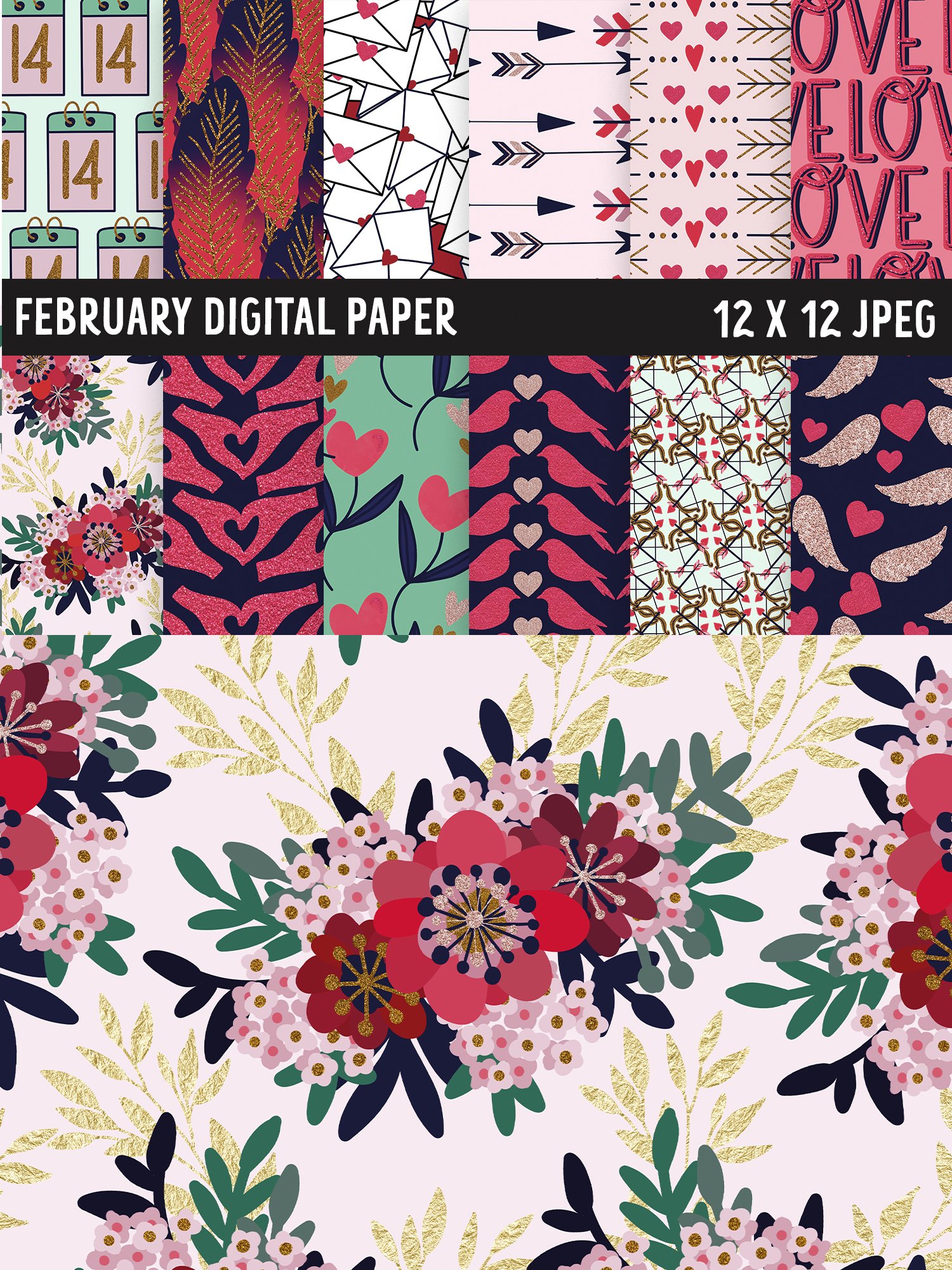 February Digital Paper, Valentines Patterns