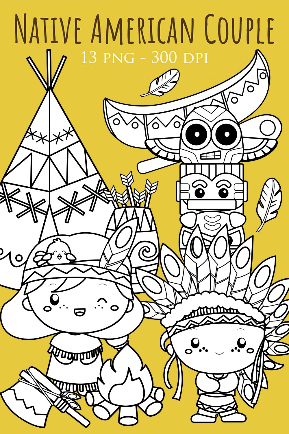 Cute Native American Kids Cartoon Digital Stamp Outline