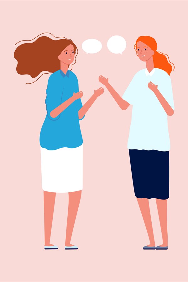 Women talking. Girlfriends meeting, cute flat girls characte