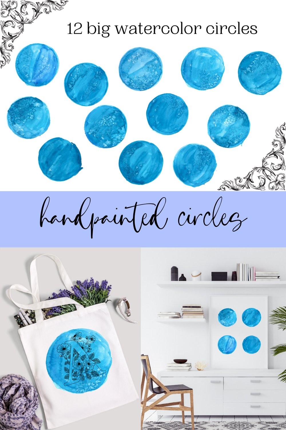 12 Blue watercolor circles, Blue watercolor dots