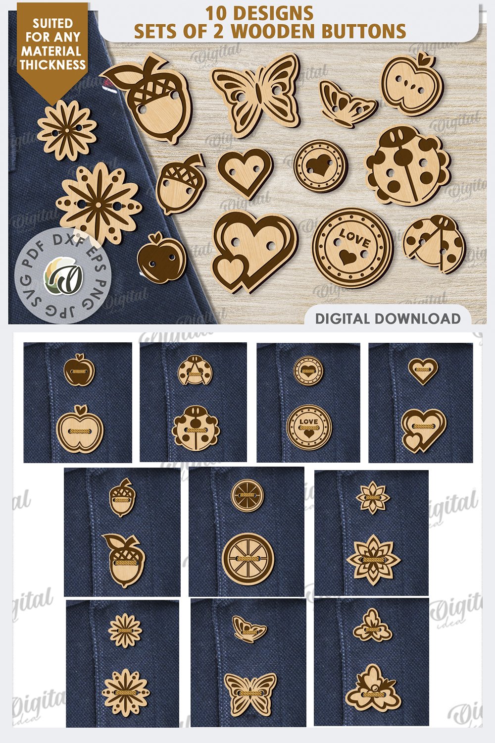 Decorative Wooden Buttons Laser Cut Bundle. Engraved Buttons