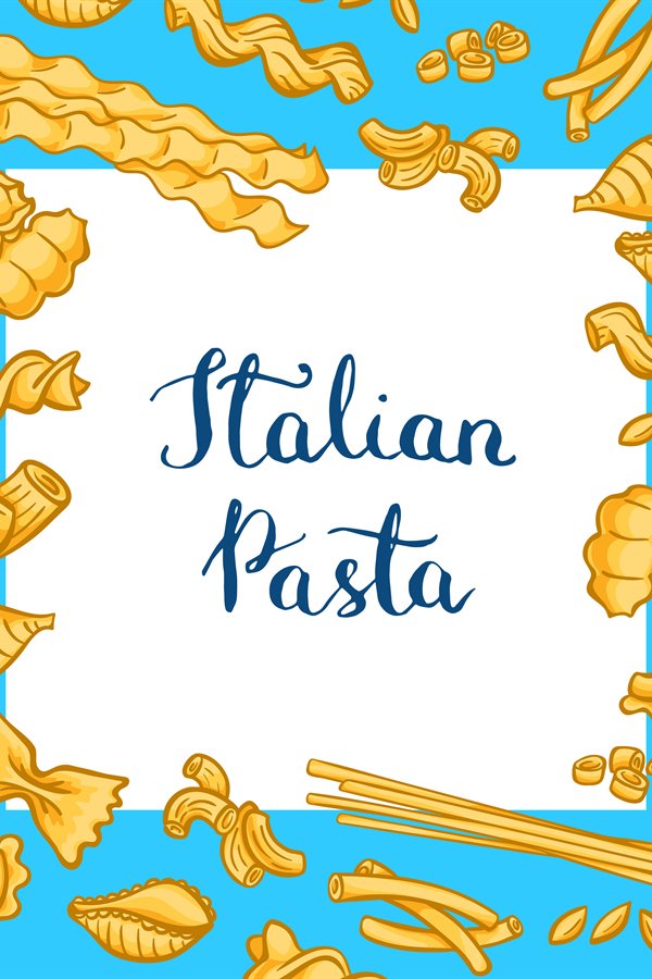 Vector cartoon colored pasta types background with white squ