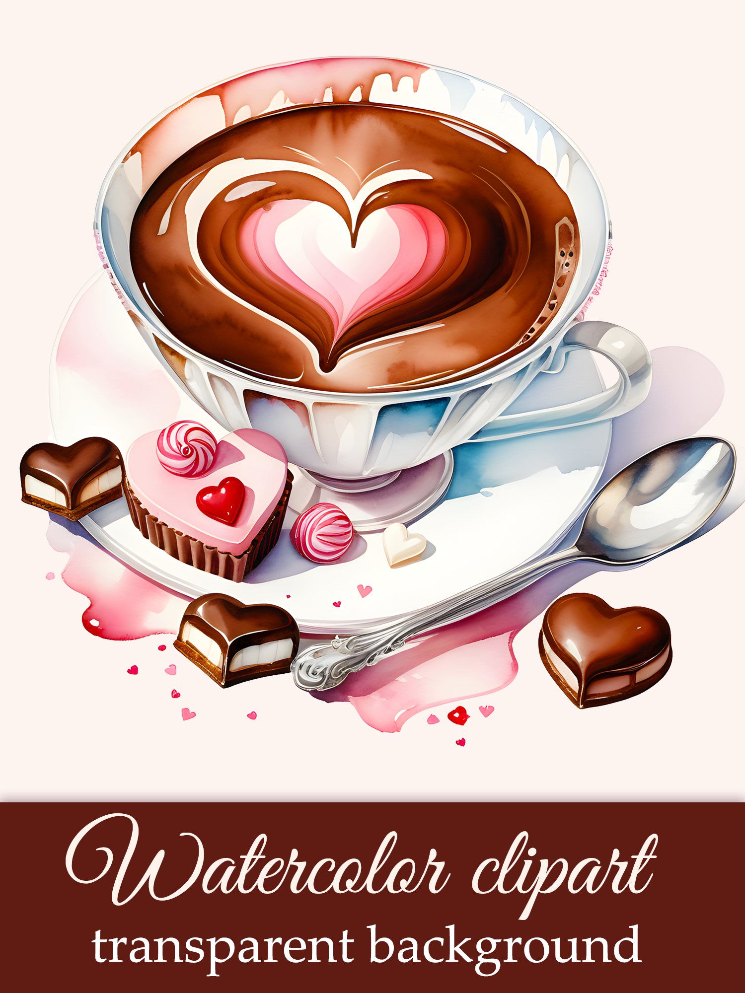 Watercolor coffee cup with hearts and chocolate, clipart Png