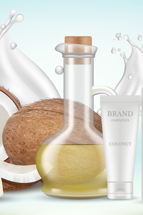 Coconut cosmetics. Oil, cream tubes and palm leaves. Plants