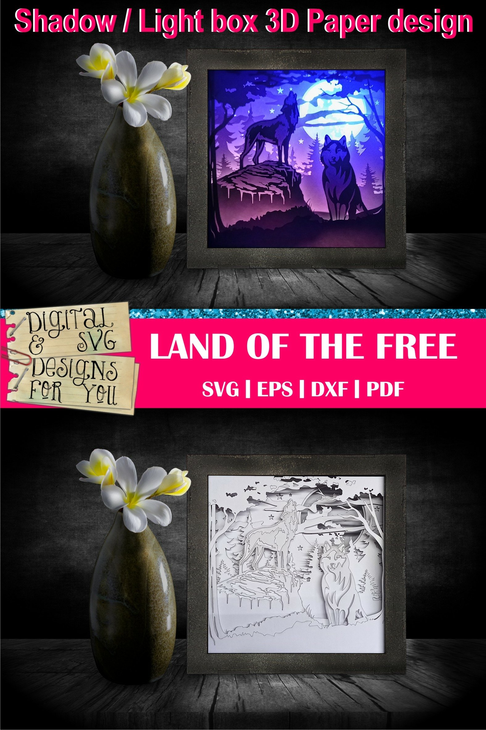 Howling wolf - 3D Light box | 3d Shadow box | wolves howling