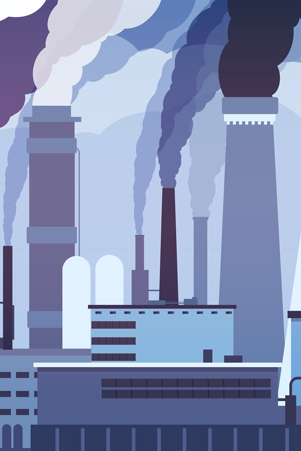 Smog pollution. Industrial factory pipes, heavy chemicals em