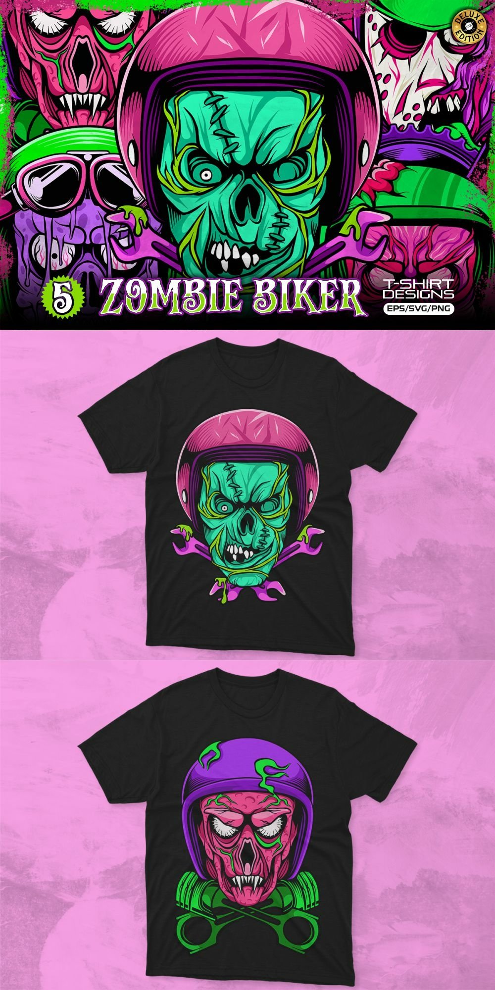 Zombie Biker Skull Helmet Vector T-shirt Designs Bundle