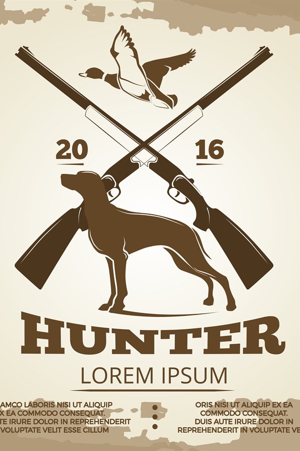 Hunting vintage poster design with guns, dog and duck