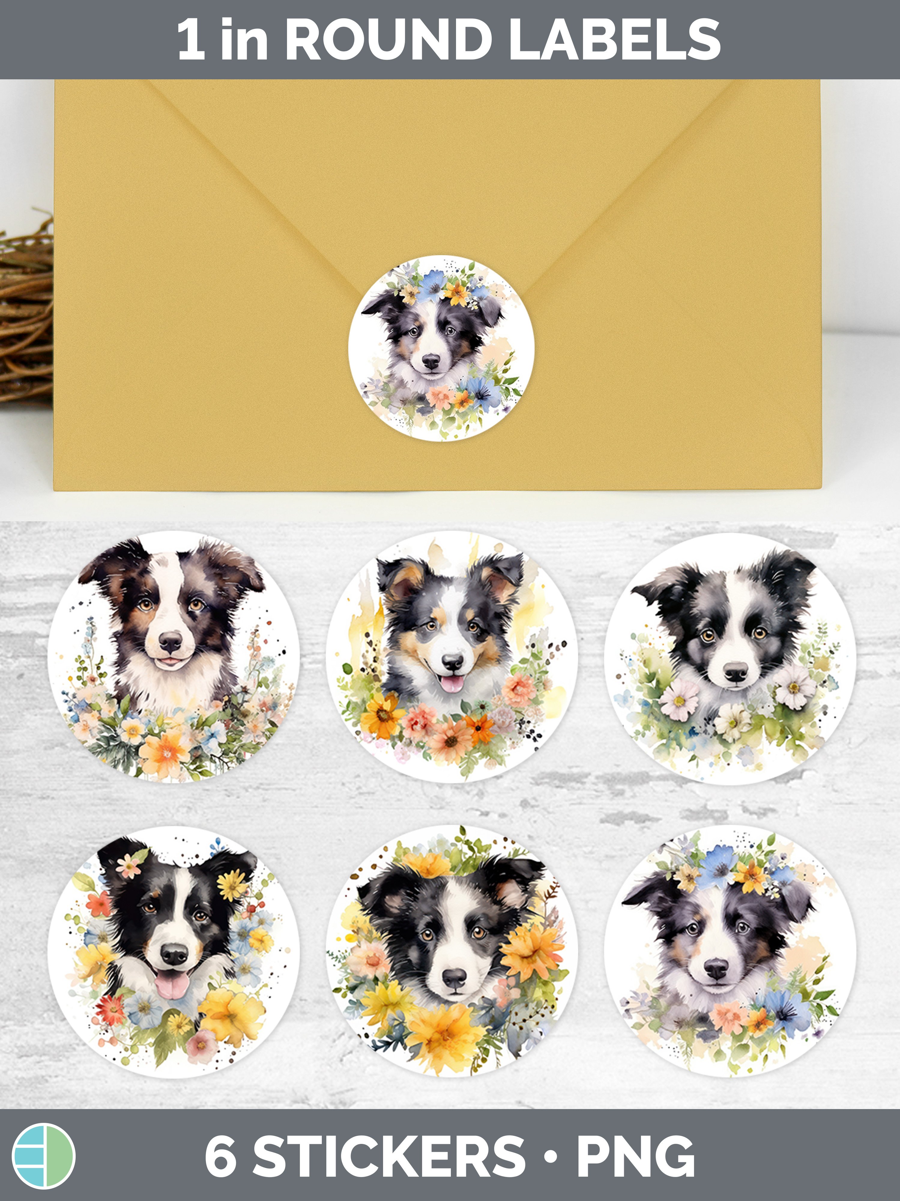 Watercolor Border Collie Dog Stickers | Round Labels Designs