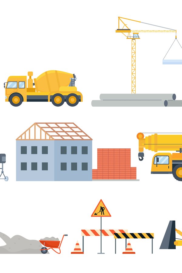 Construction site elements. Material piles, sand and pipes,