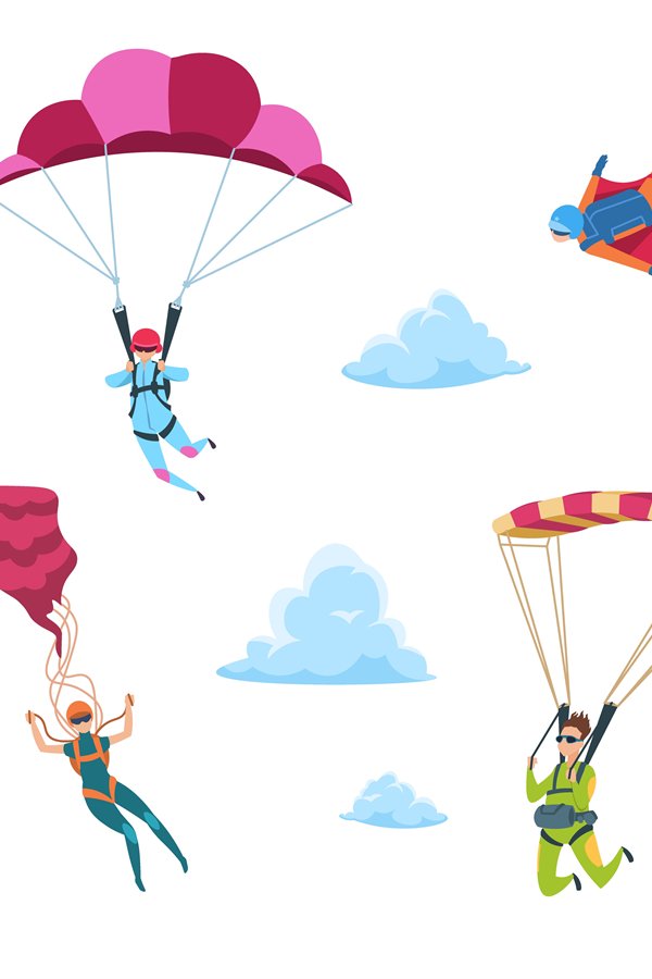 Cartoon skydivers. Sky jump with parachute and paraglider, e