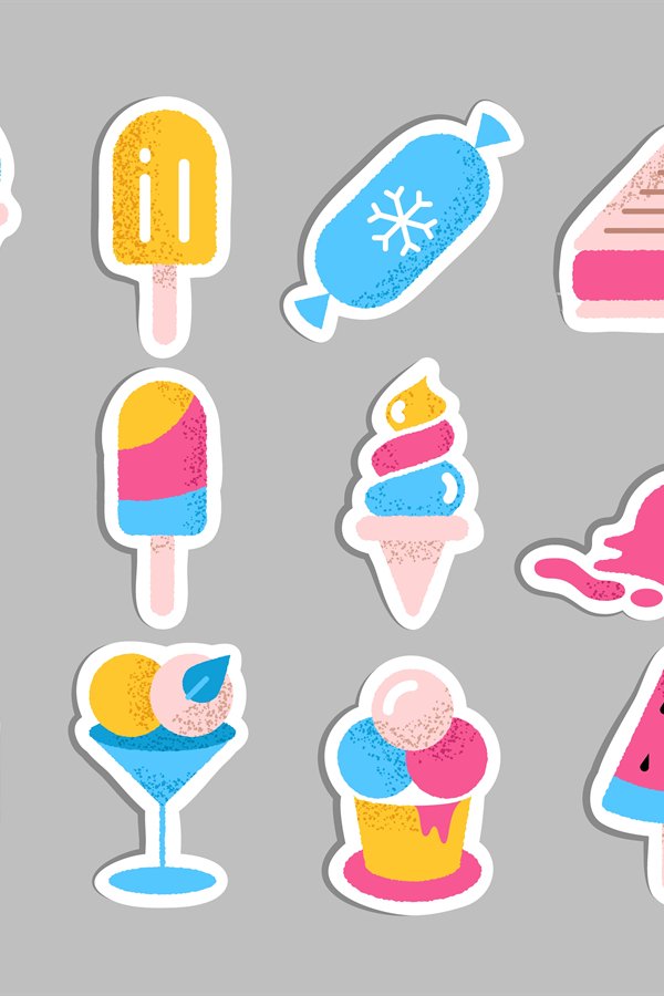 Ice cream stickers. Summer cold dessert set on sticks in con