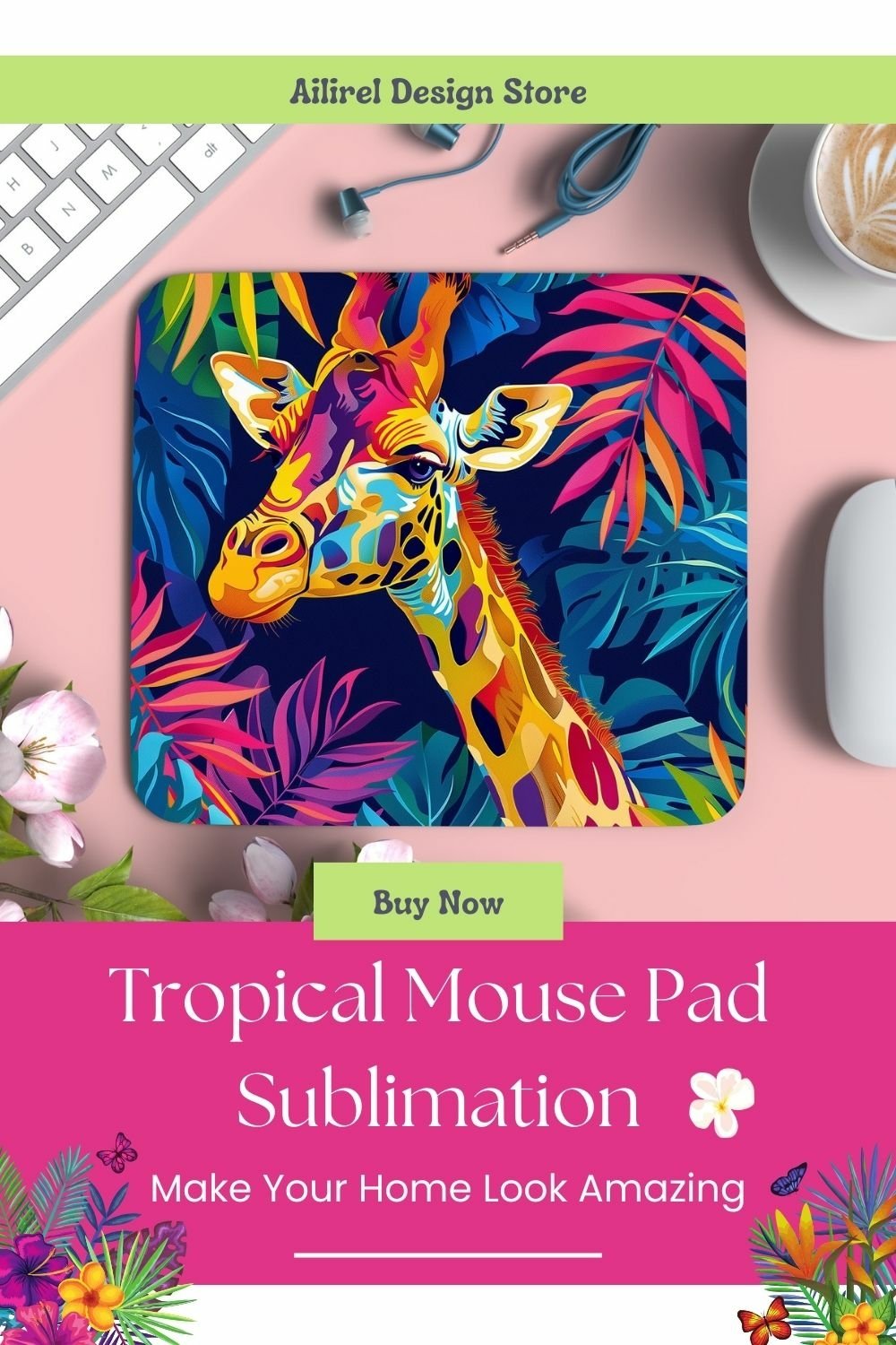 Giraffe Mouse Pad Wrap, Neon Tropical Leaves Mouse Pad PNG