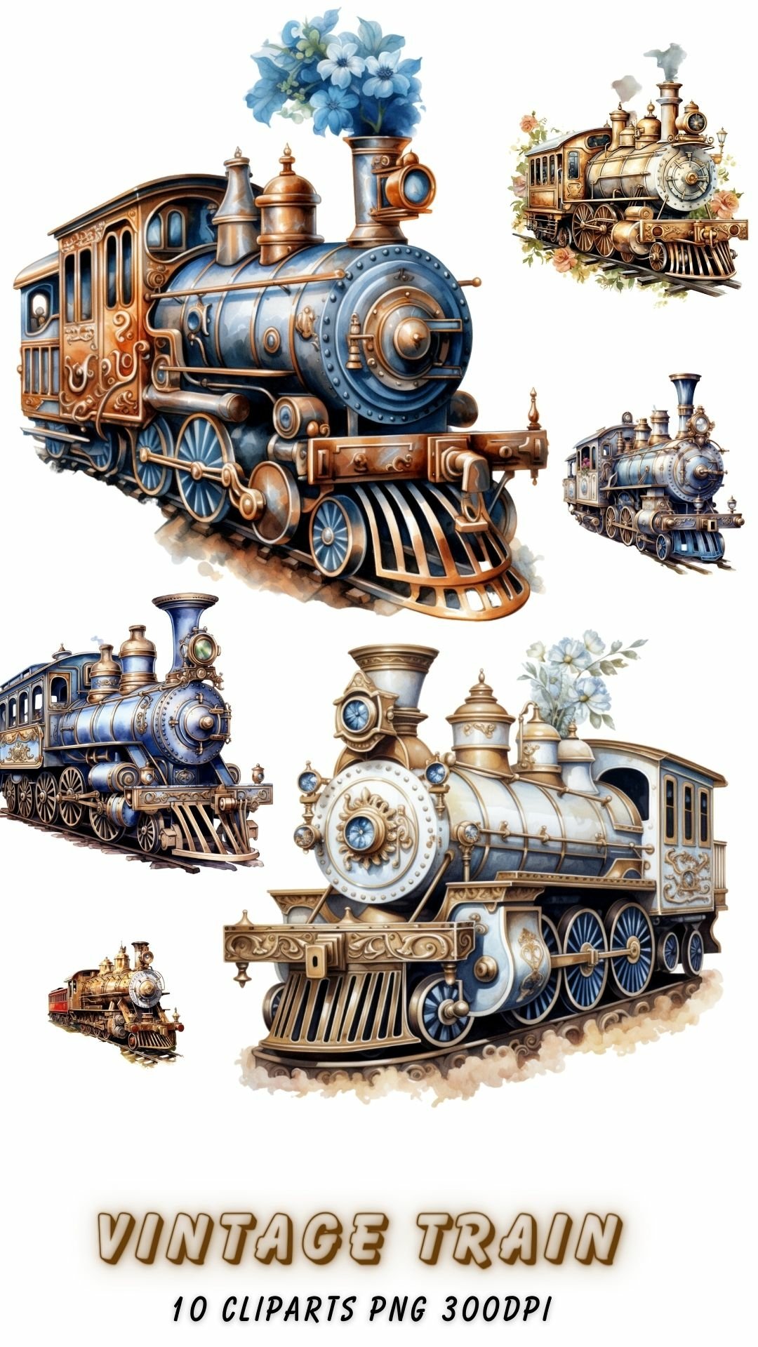 Vintage Train Sublimation Clipart Bundle | Watercolor Train