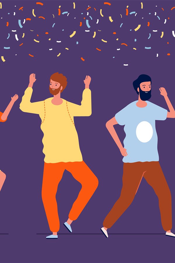 Happy dancers. Night party people dancing under confetti cor