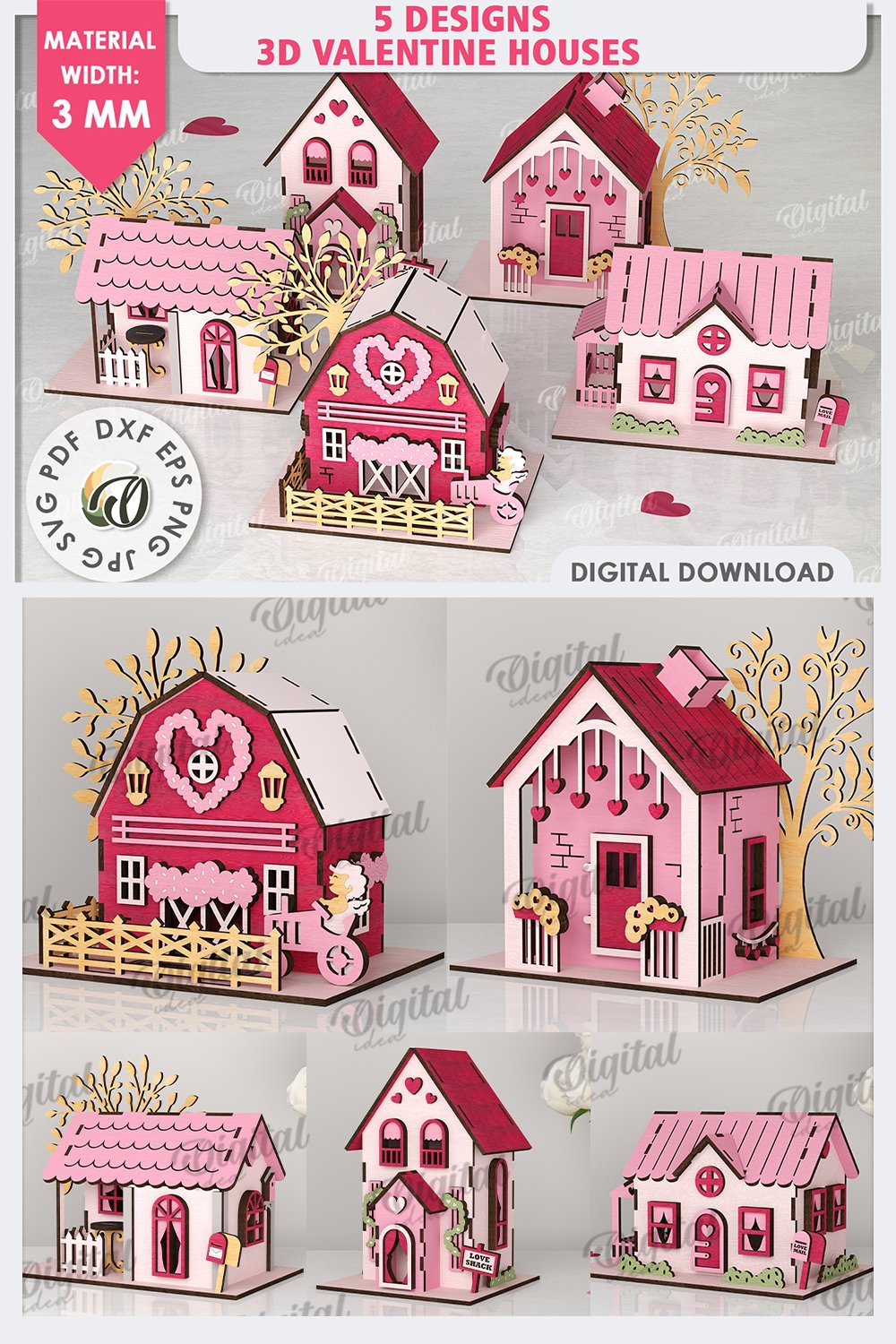 3D Valentine's Houses Laser Cut Bundle. 3D Houses SVG