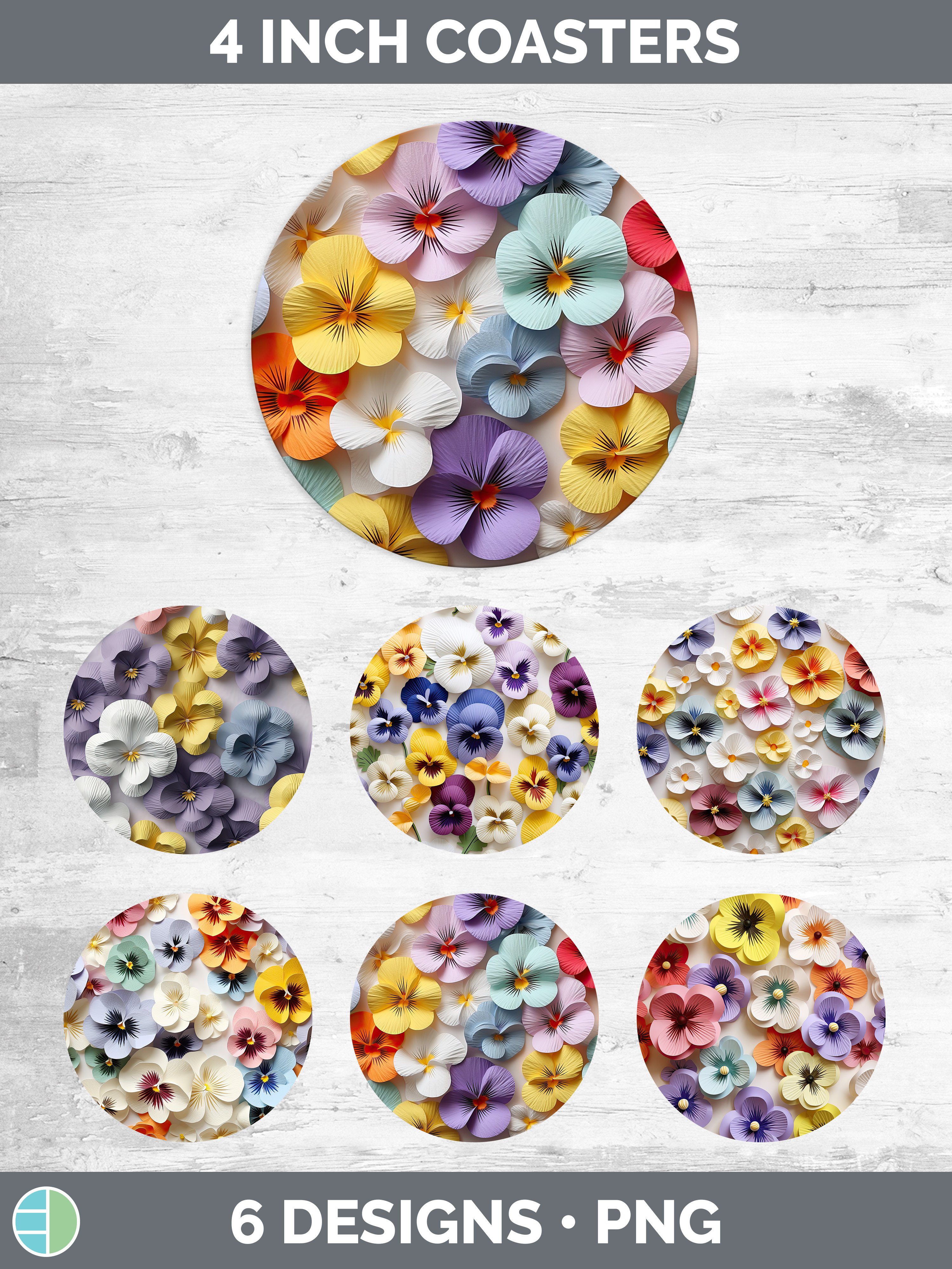3D Paper Pansy Flowers Round Coaster | Bundle Coaster Design