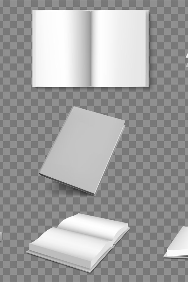 Realistic books. Blank book layouts, open and closed white b