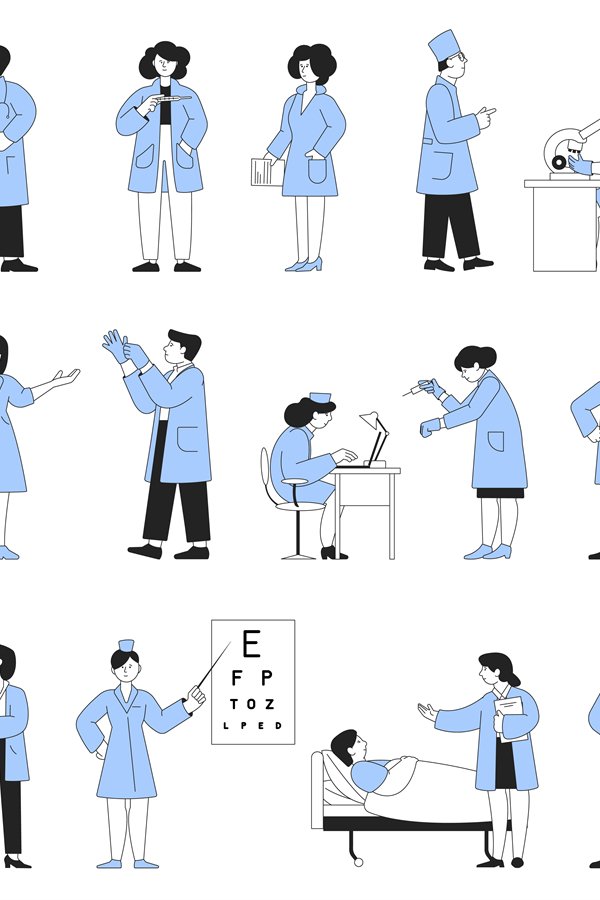 Line doctor characters. Medical team, doctors and nurse. Hos