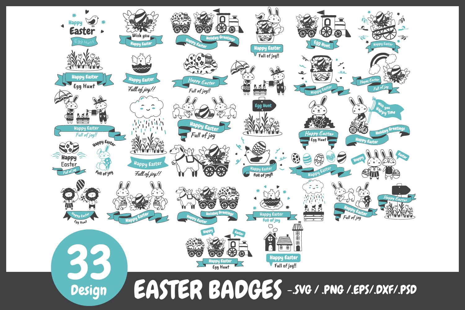 33 EASTER Badges outline style Bundle.