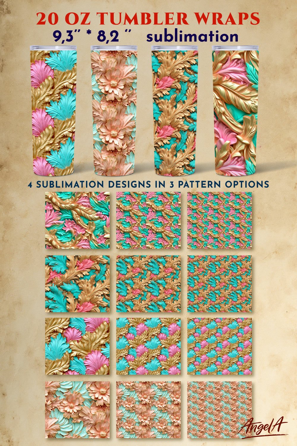 3d seamless tumbler design, 3d flower tumbler wrap