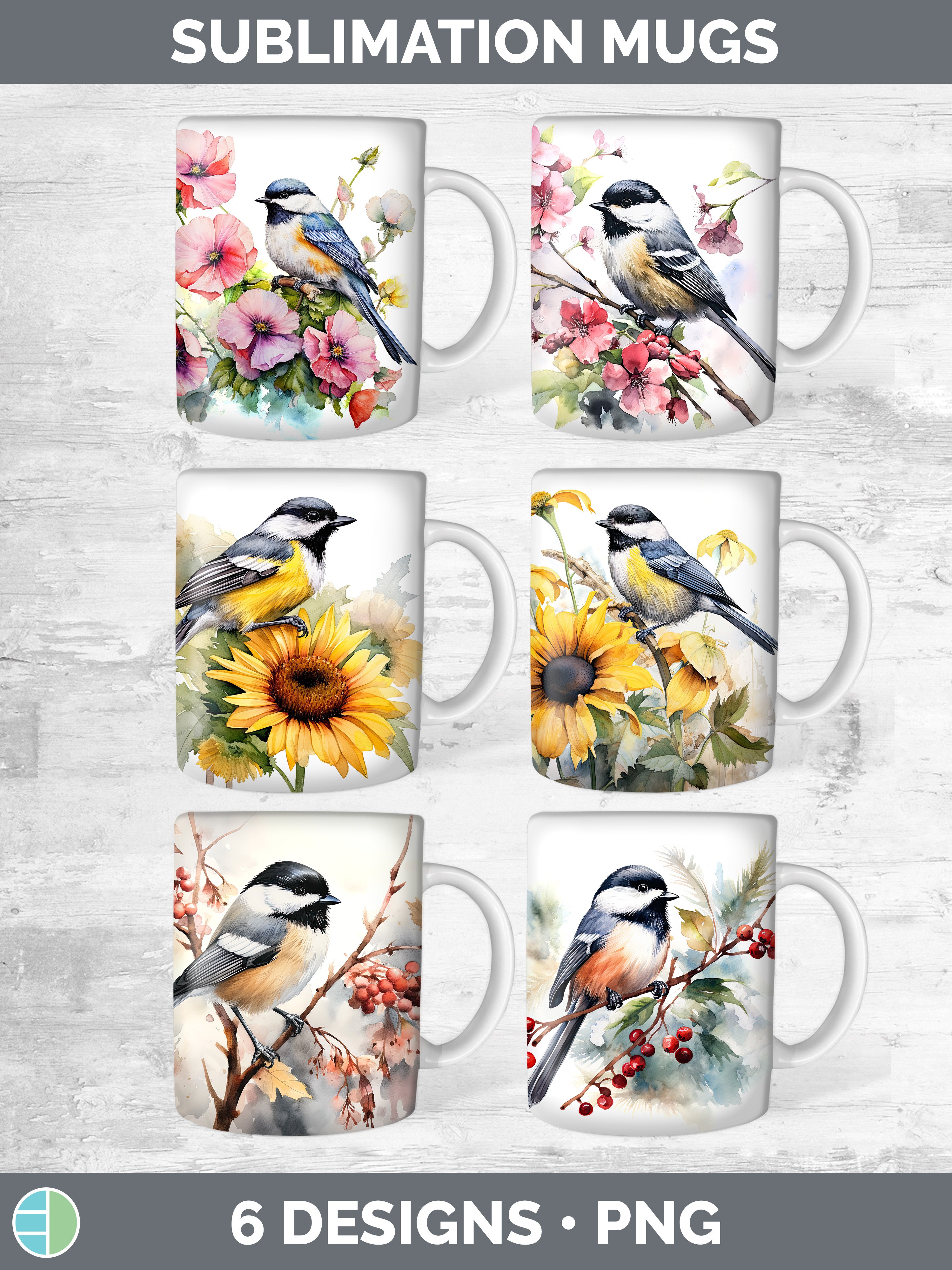 Pretty Chickadee Bird Mug Wrap | Bundle Coffee Cup Designs