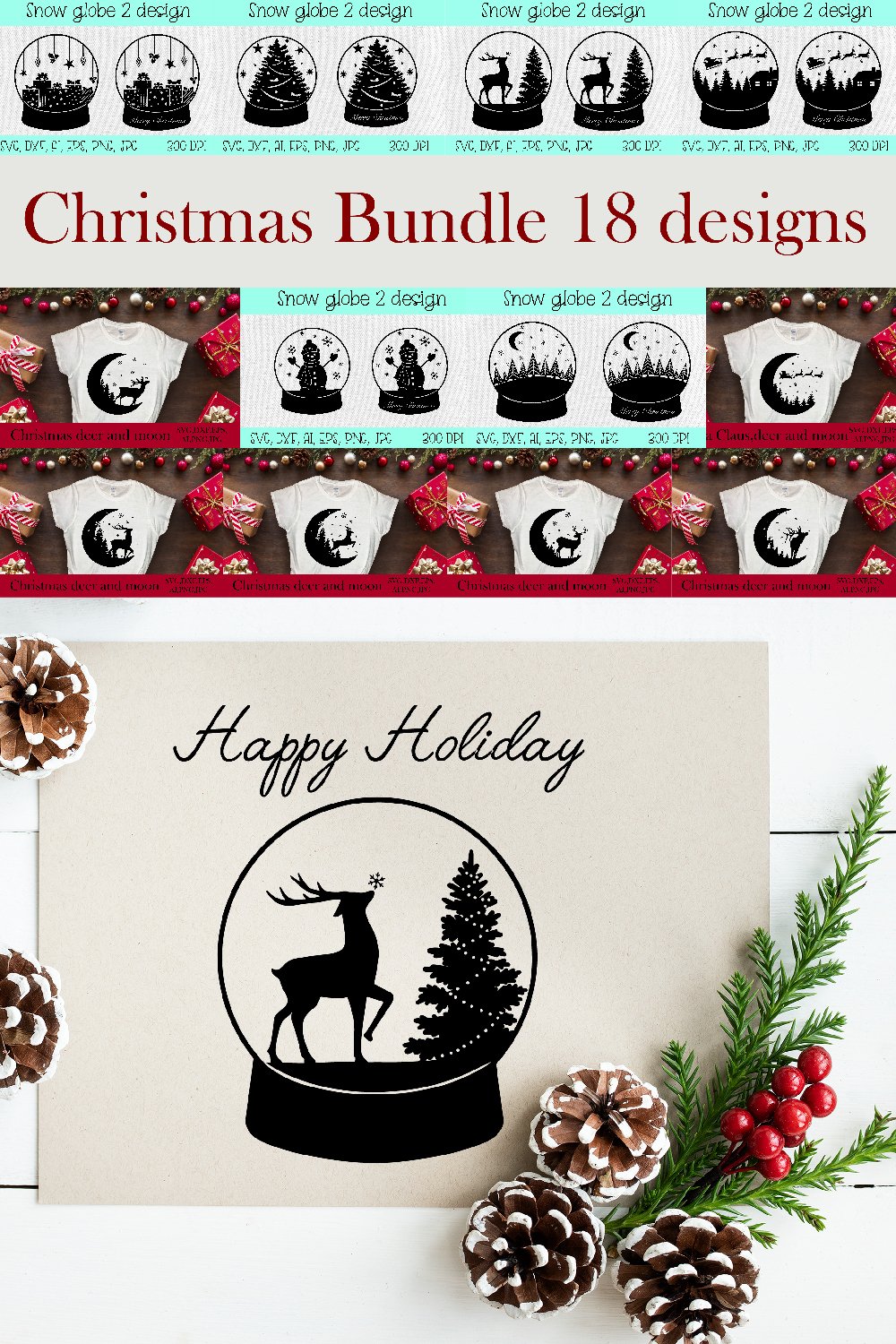 Merry Christmas SVG Bundle.18 Snowglobe and moon files.Santa