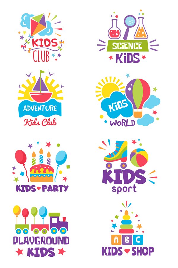 Kids zone badges. Logos for creative place for childrens pla