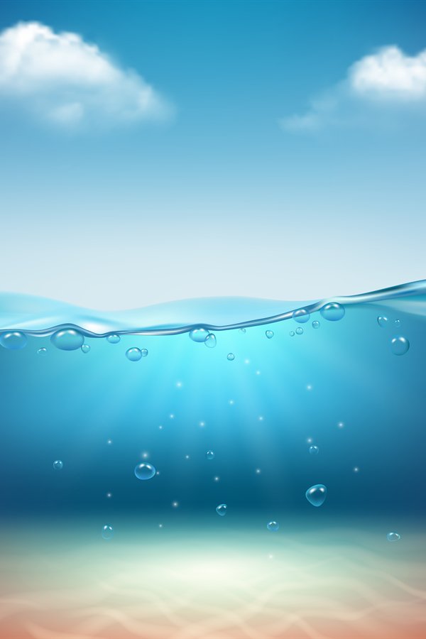 Ocean landscape realistic. Underwater flowing transparent wa