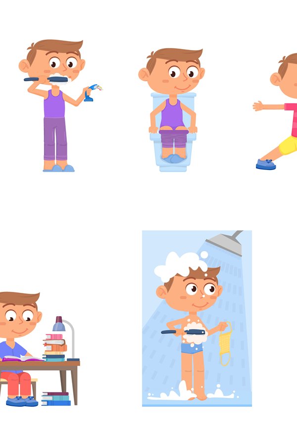 Boy daily activities. Cartoon kids routine, active morning k