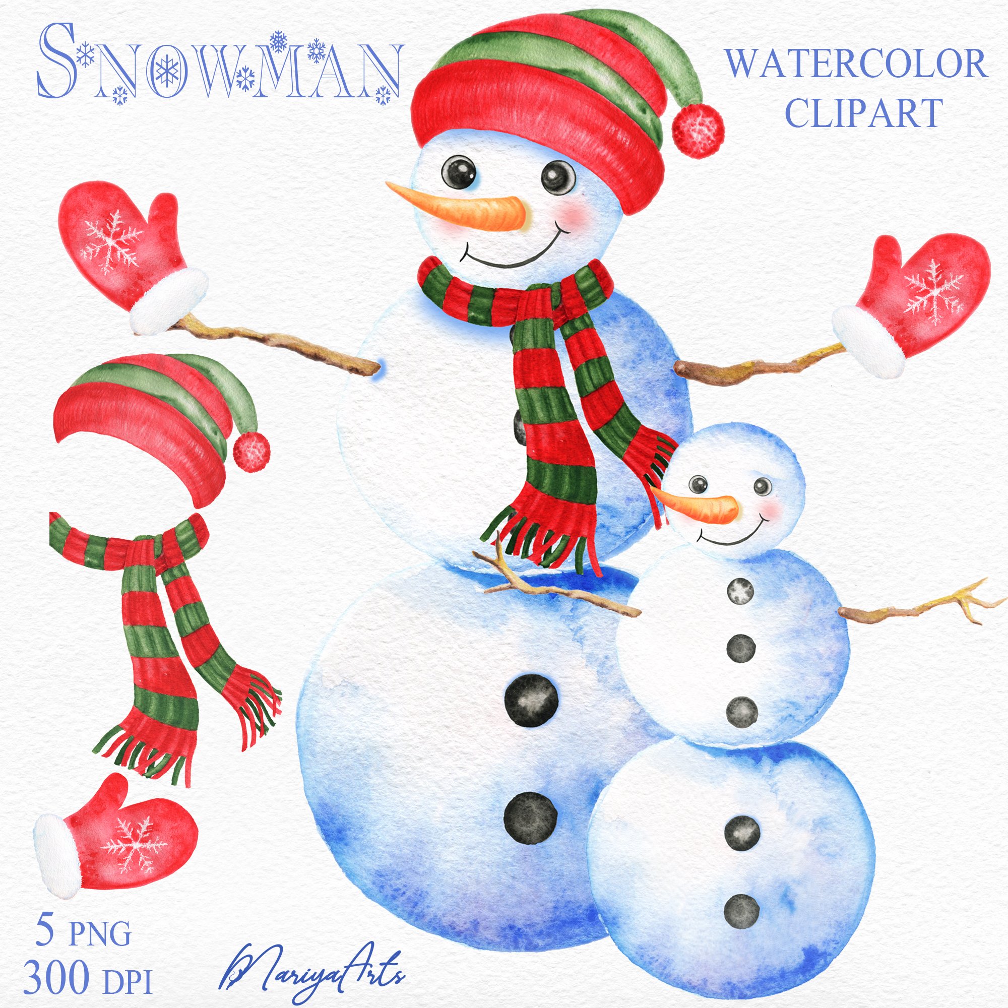 Snowman, Scarf, Beanie, Gloves, Hat, Watercolor Clipart PNG
