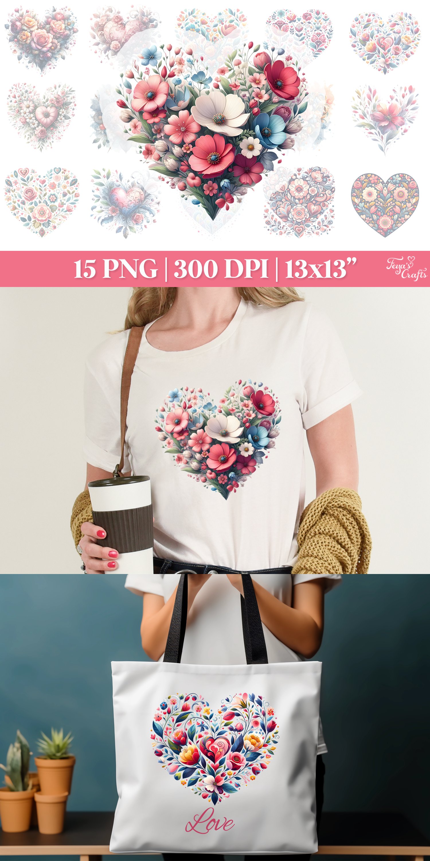 Boho Floral Hearts Clipart PNG Pack