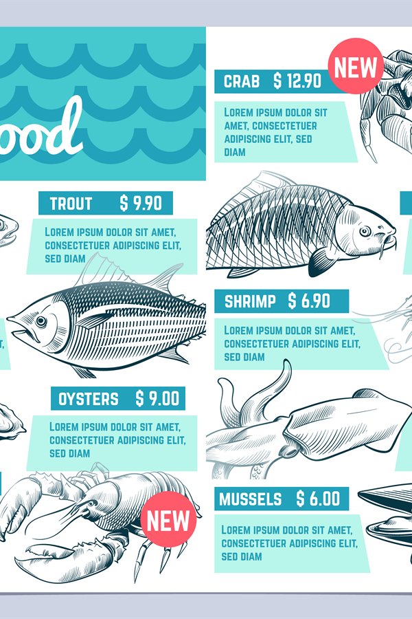 Fish restarant menu. Hand drawn fishes lobster and crab seaf