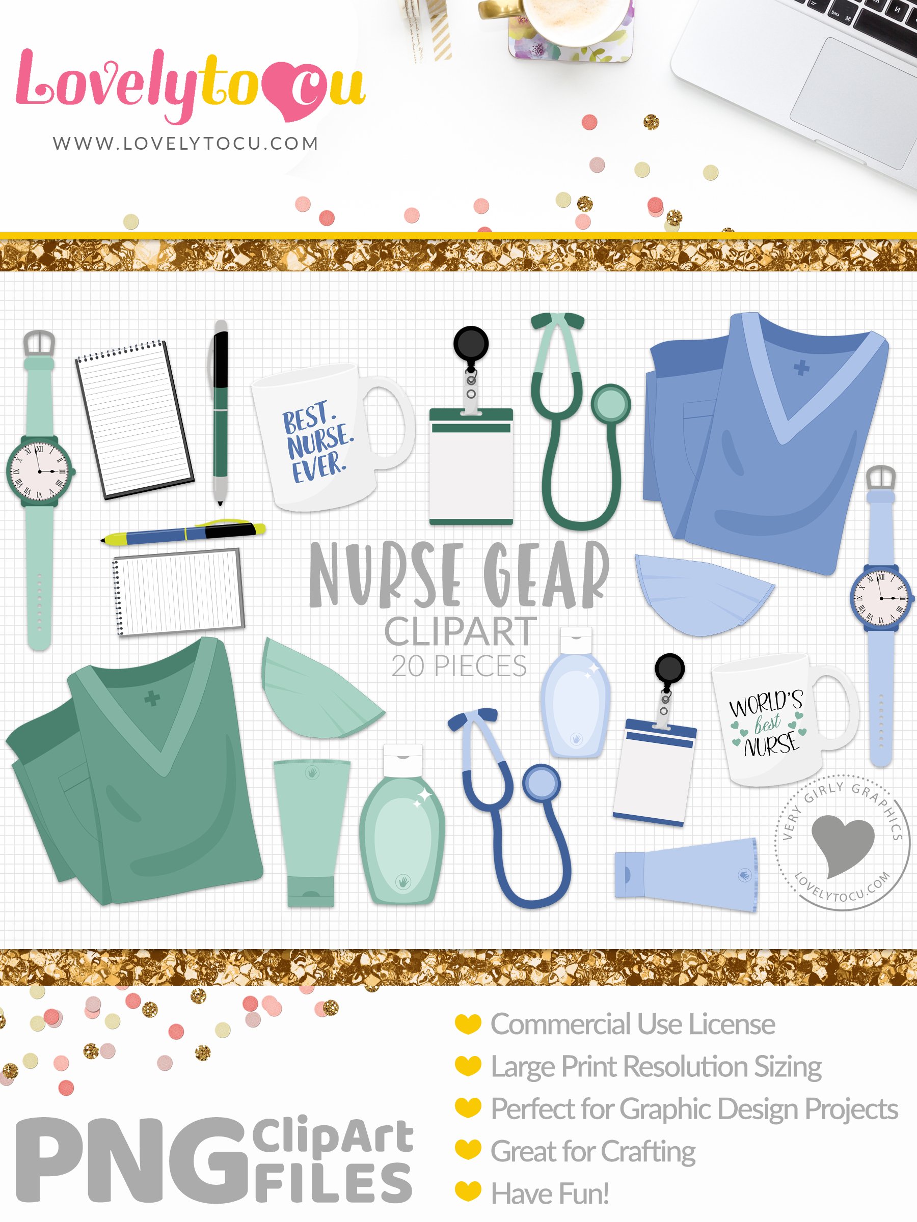 Nurse scrubs clipart in blue and green, PNG graphics