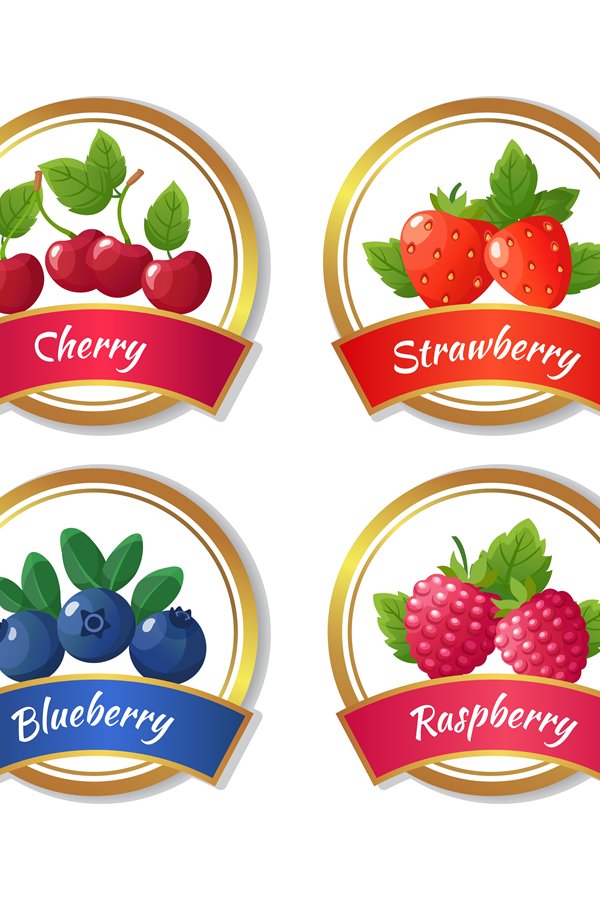 Berry jam and marmalade labels. Fresh summer fruits stickers